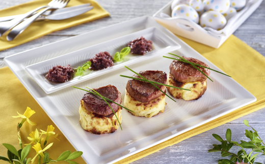 Steak de strut Bercy cu cartofi gratinati