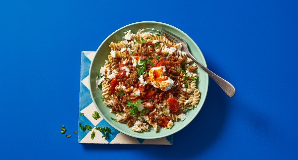 Turkish-style lamb with fusilli and feta