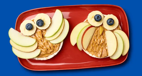 Owls with Peanut Butter on Rice Cake with Apples, Bananas and Blueberries